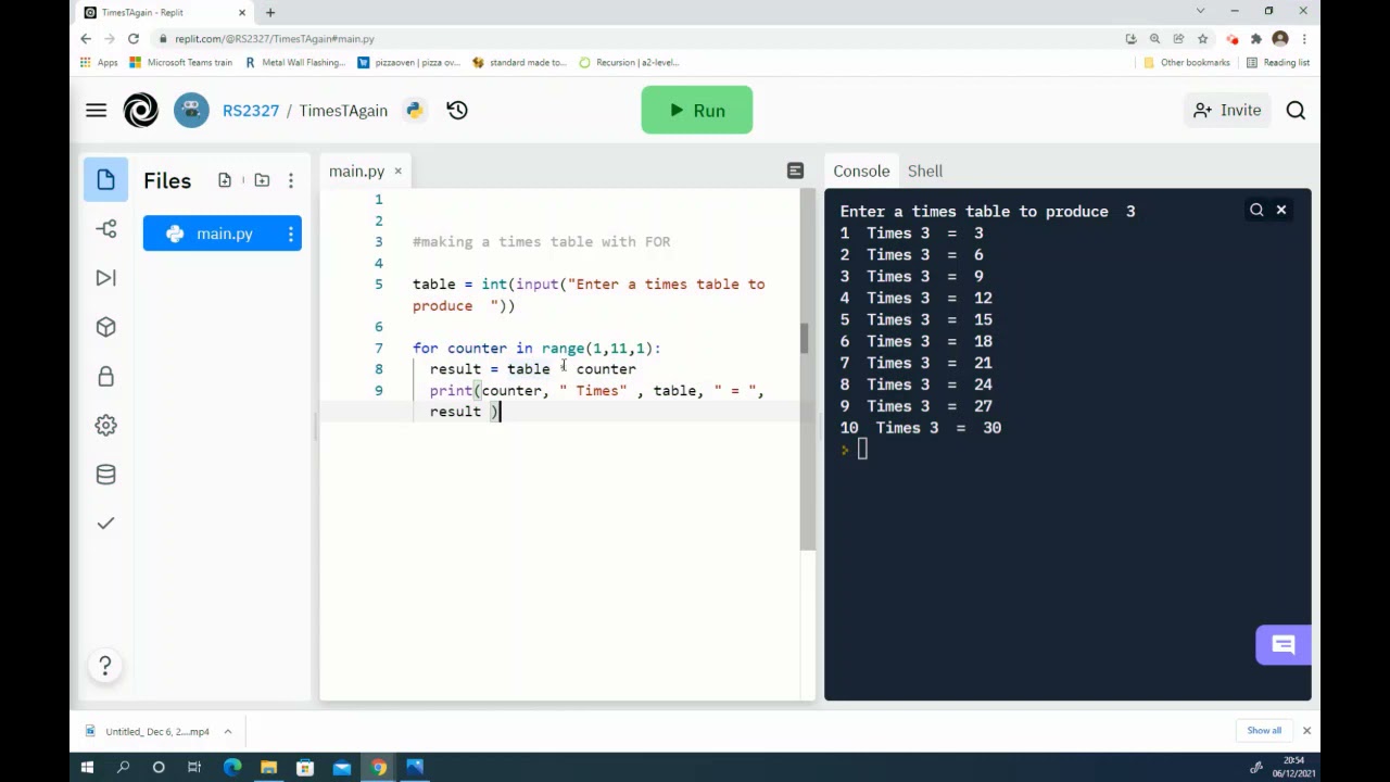 Python   Making a times table with a for loop