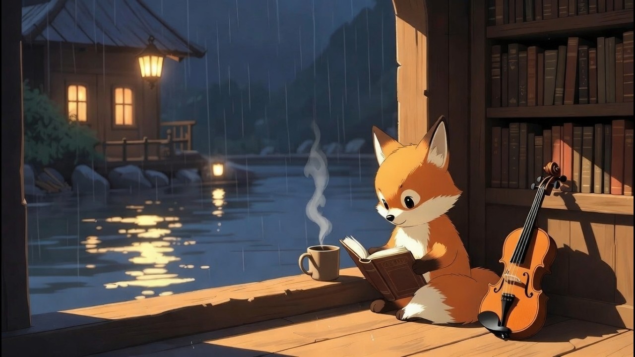 Rainy Night Library 🦊 Cozy Anime Ambience with Bird for Study, Focus & Relax