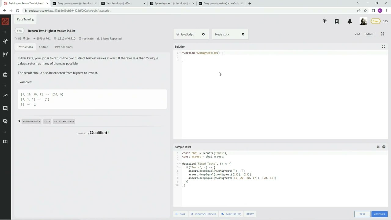 Codewars 8 kyu Return Two Highest Values in List JavaScript