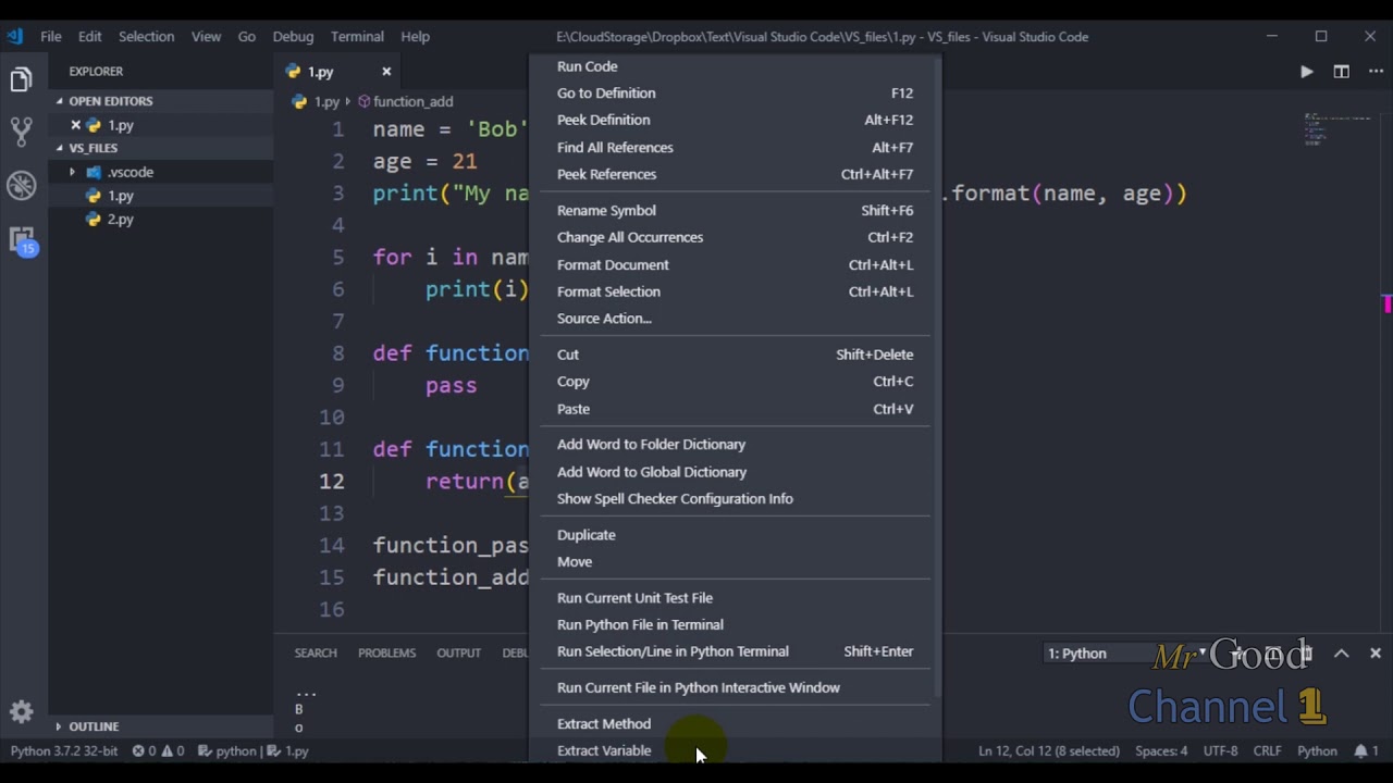 Refactoring, Extract Variable, Extract Method, Run in Terminal - course VS Code & Python