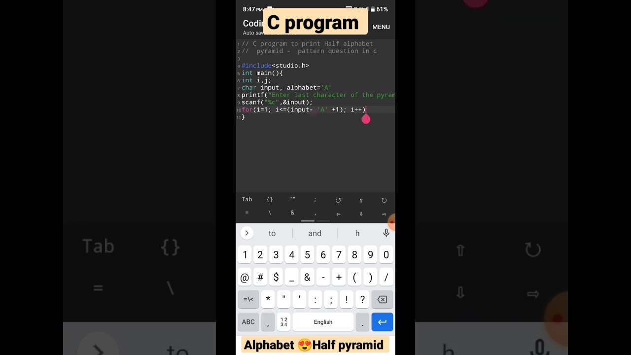 Finally Showing You C pattern program to print inverted Alphabet Half pyramid of star #short #shorts