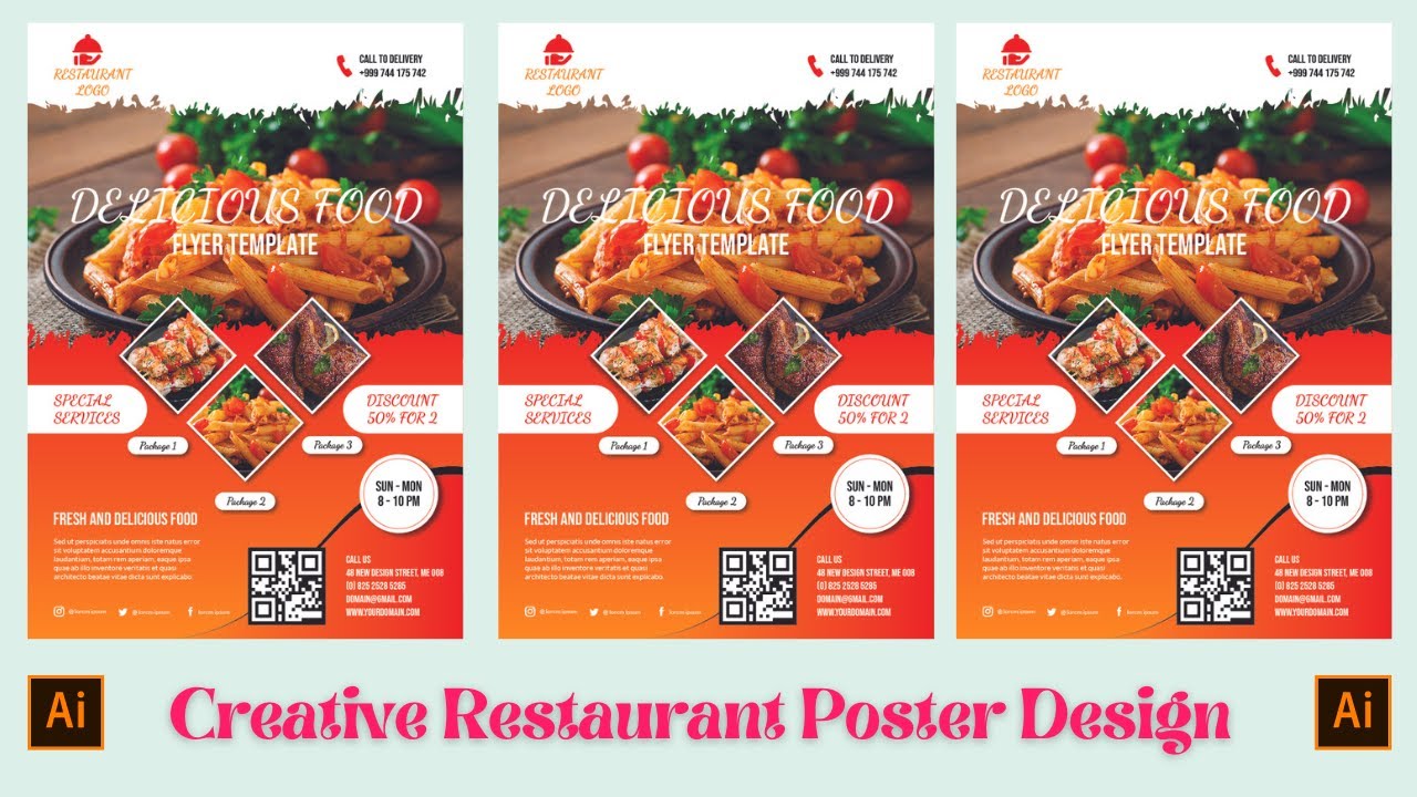 Creative Restaurant Poster Design in Illustrator Tutorial | Food Poster Design Illustrator Tutorial