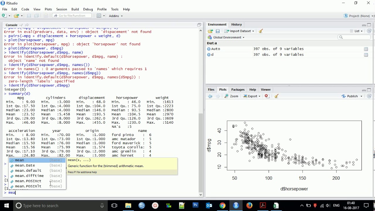 R Studio Basic tutorial 4   Descriptive statstics, scatter plot, creating function in R