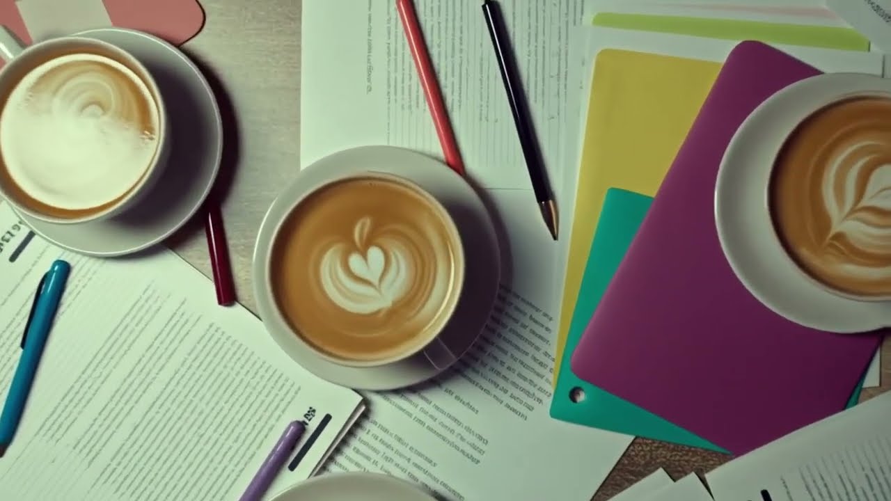 Fast montage of stressed students studying, piles of assignments and papers, AI applications on scre