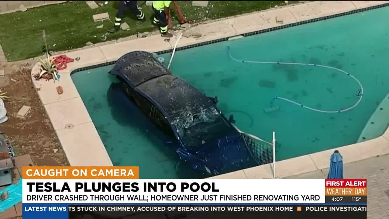 Tesla Goes Through a Wall and Cools Off in Backyard Pool - autoevolution