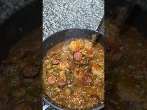 Smothered Okra & Tomatoes with Sausage & Shrimp #okrarecipes #foryou #familydinner #cooking #stew