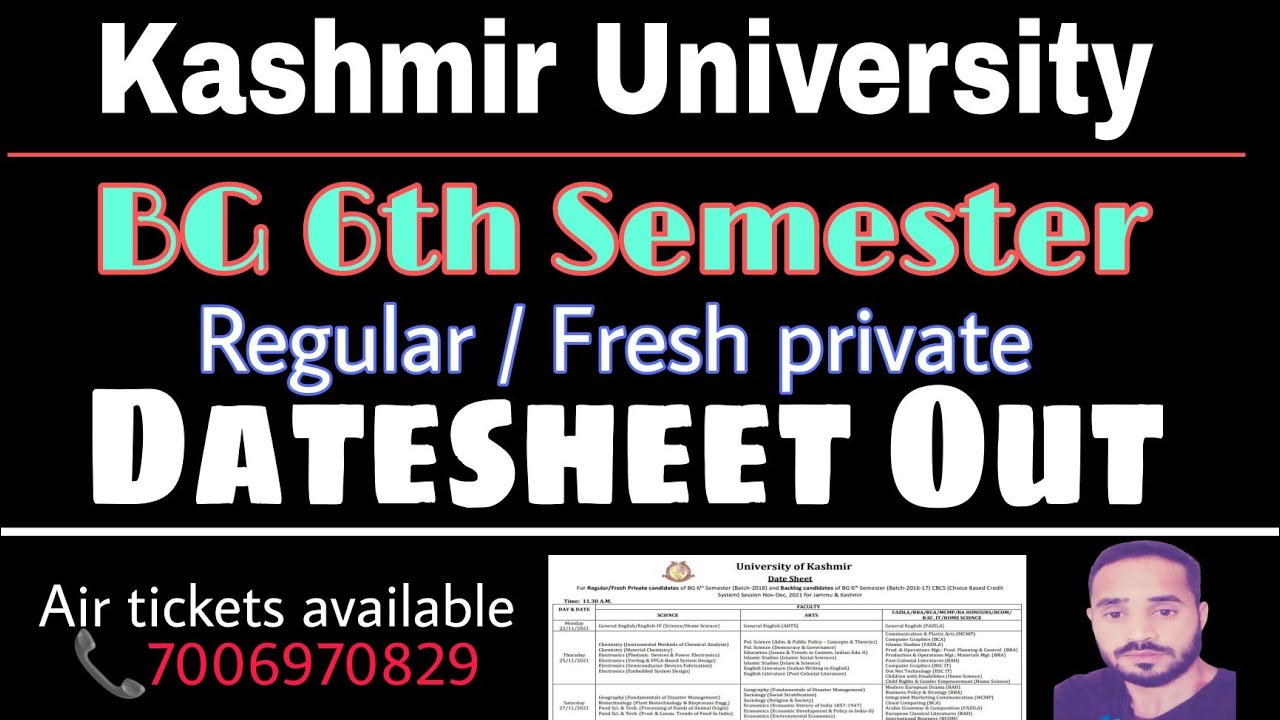 Kashmir University BG 6th Semester #Datesheet out for Regular  / Fresh private students