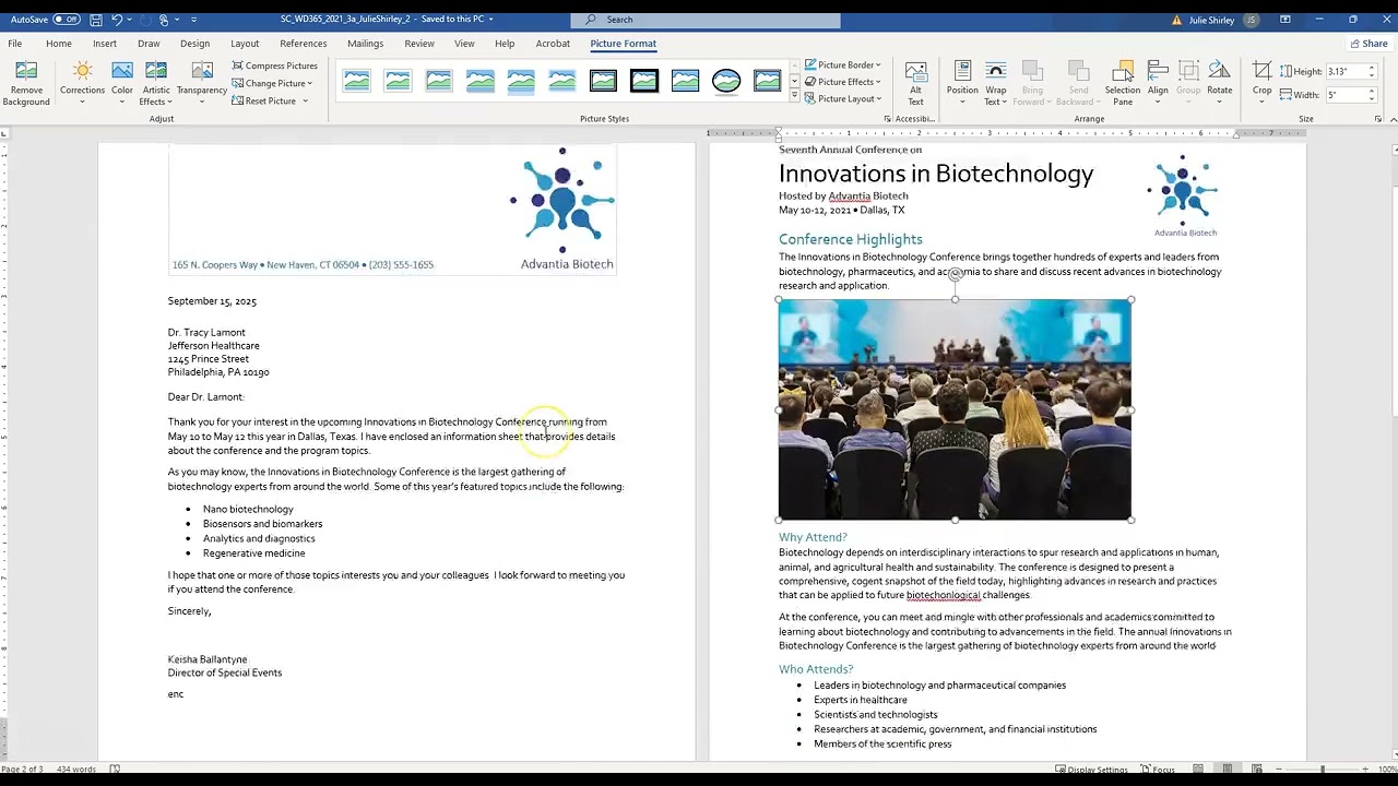 Word Module 03 Project 1a Advantia Biotech Creating a Business Letter