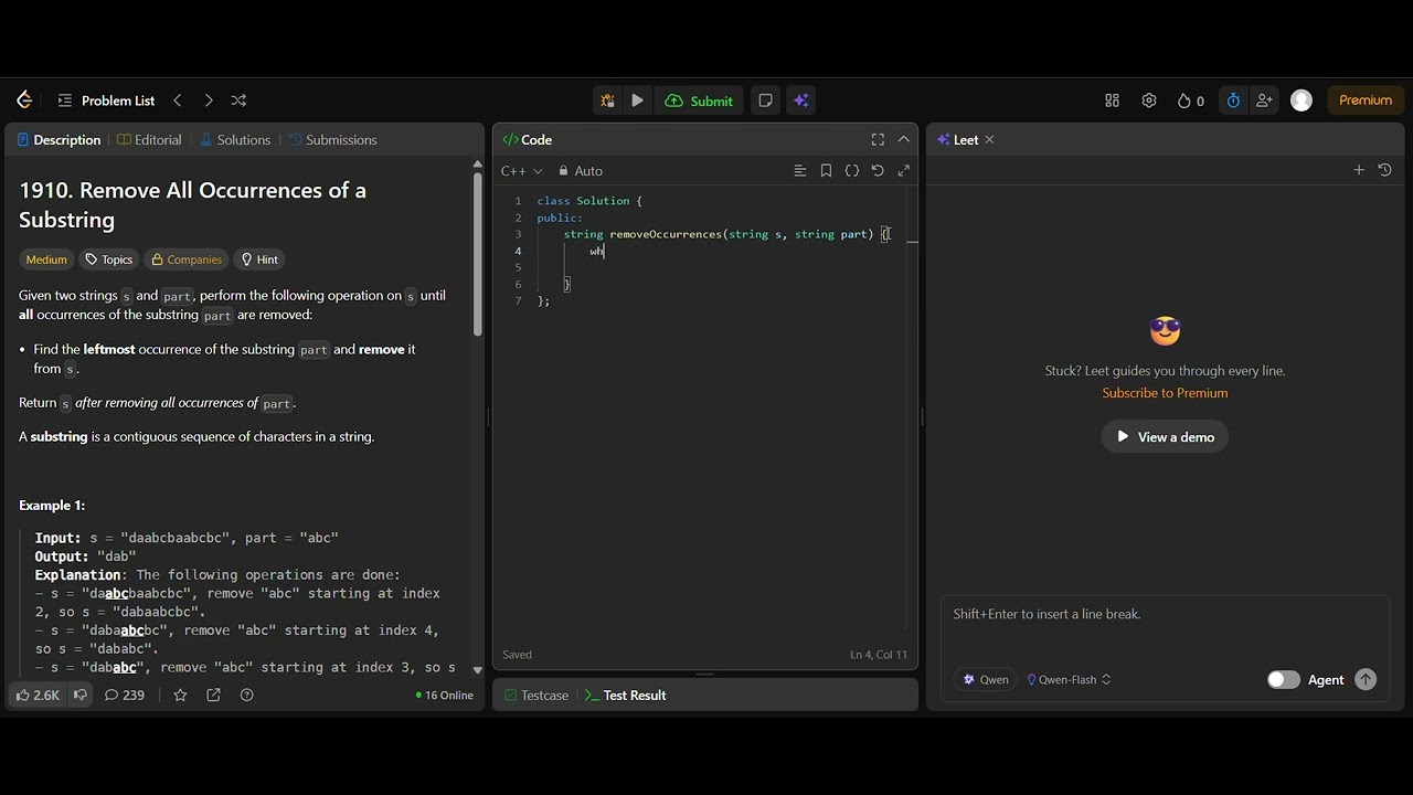 Leetcode problem no. 1910 . Solution using C++ language. #leetcode #problemsolving #c ++ #dsa #new