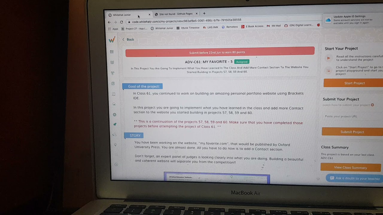 How to submit your project in brackets via github in Whitehat Jr. Project is explained also