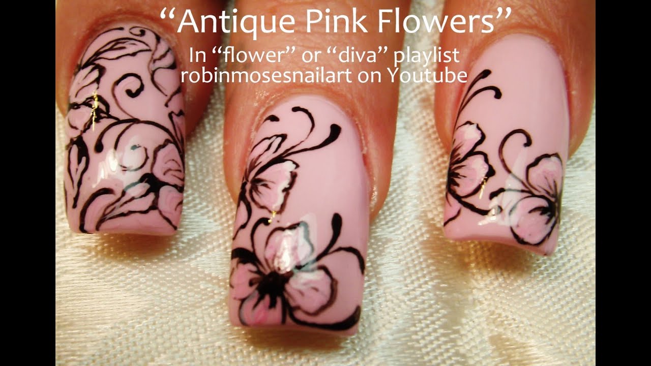 Easy Pink Flower With Black Filigree Nail Art Design Tutorial | Long Nails
