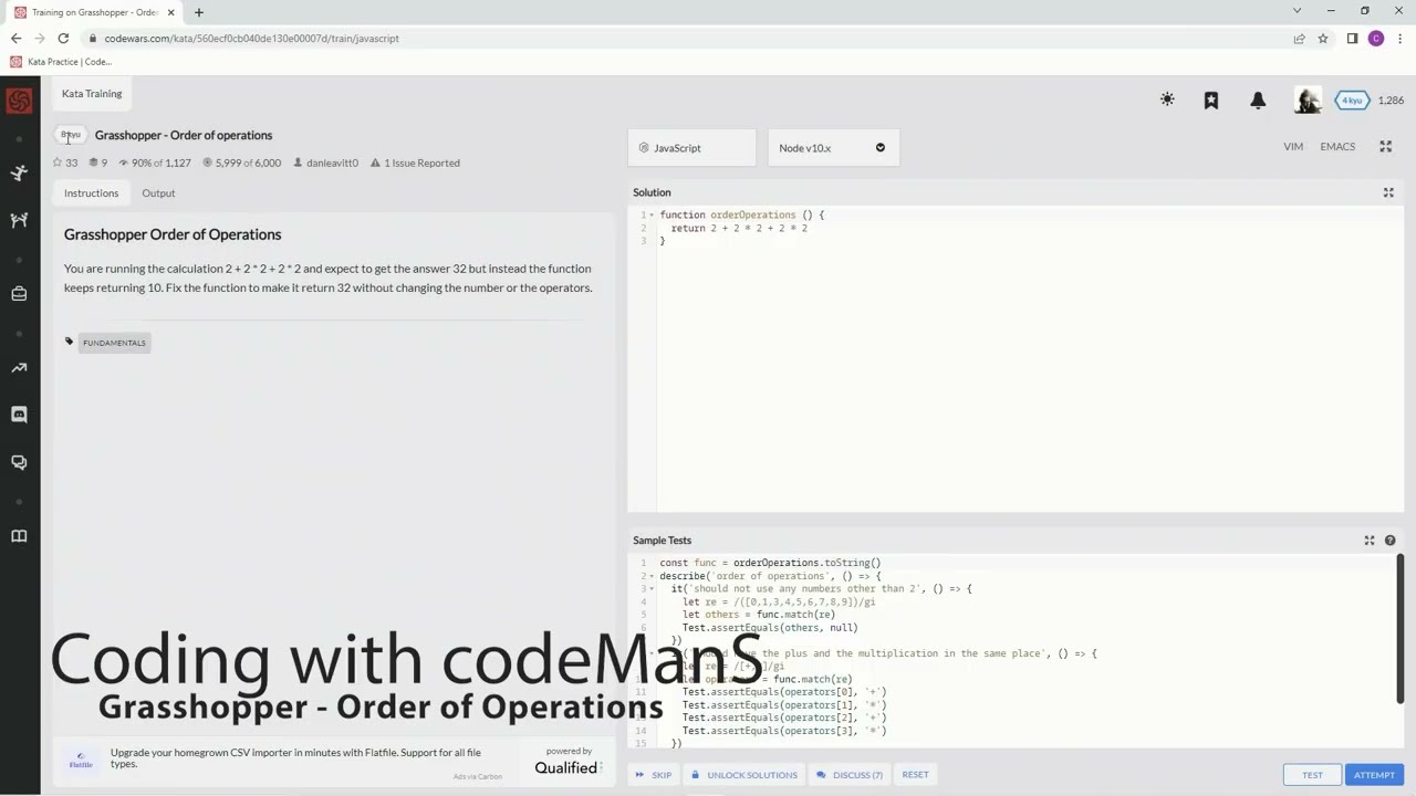 Codewars 8 kyu Grasshopper - Order of Operations Javascript