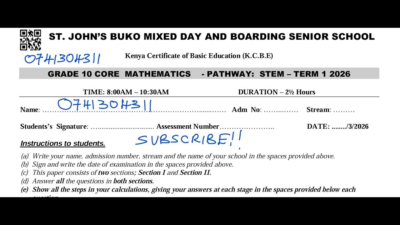 GRADE 10 CORE MATHEMATICS ST. JOHN’S BUKO MIXED DAY AND BOARDING SENIOR SCHOOL   TERM 1 2026  (STEM)