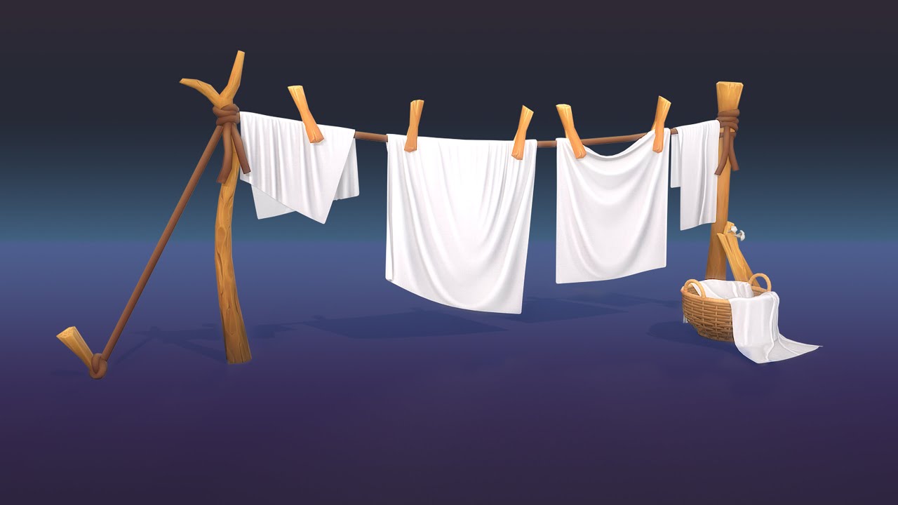 Place for drying clothes, stylized 3D model, fabric simulation