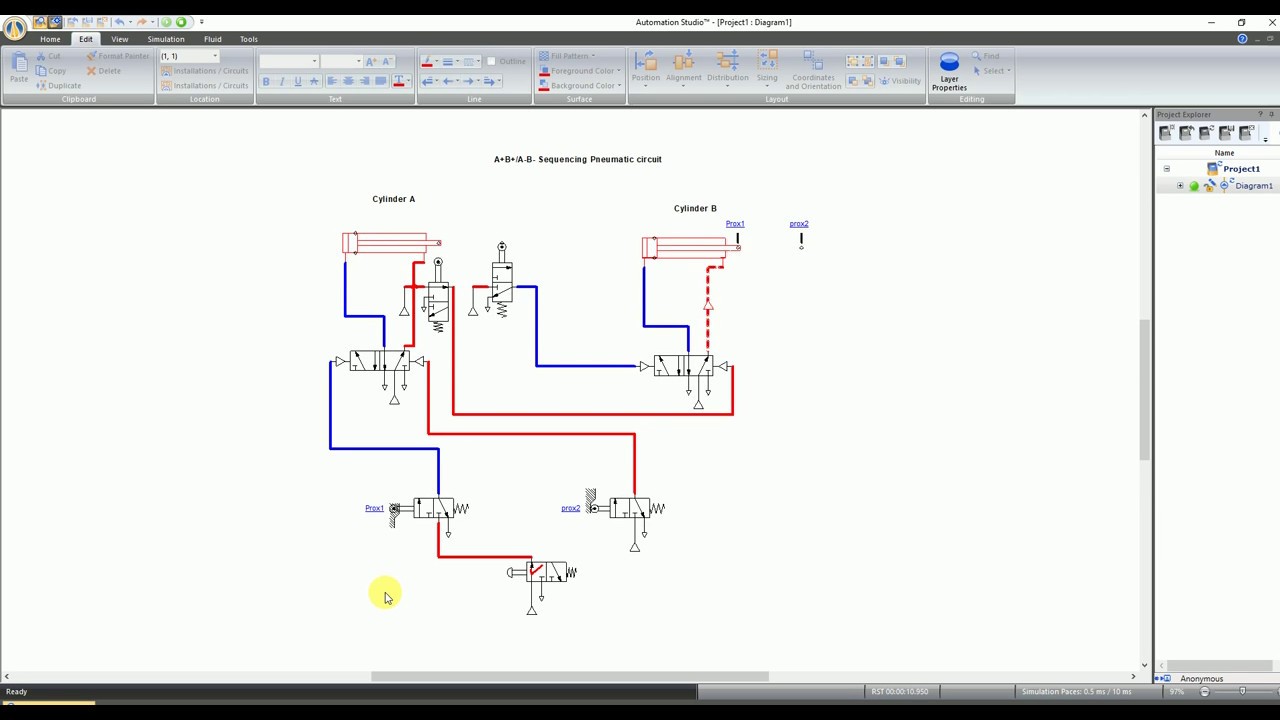 Pneumatic - Sequencing Circuit A+B+A- B - Automation Studio 6.2 Educational