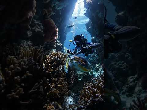 Diver removes plastic bag entangling sea turtle in vibrant coral reef
