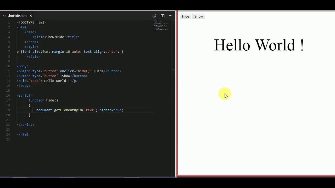 JavaScript : Show Hide text on click using JavaScript and Html 5