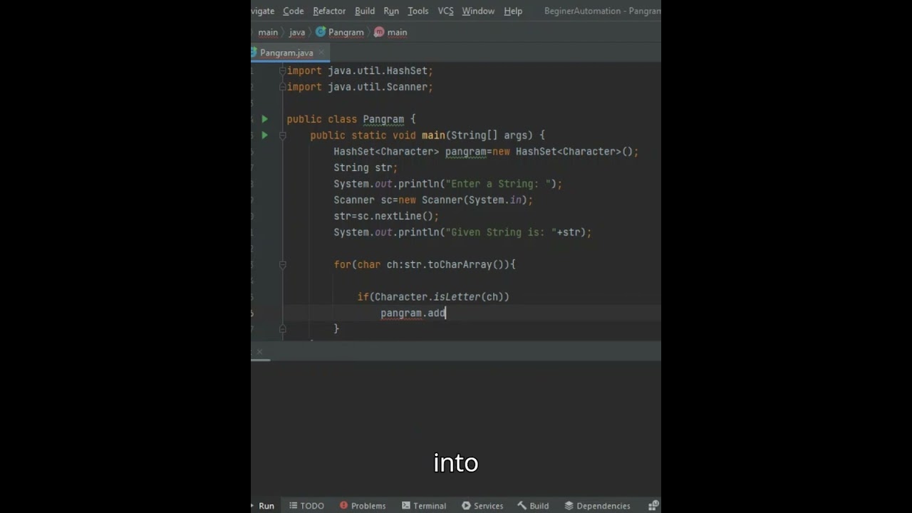 Check string is pangram or not using Java