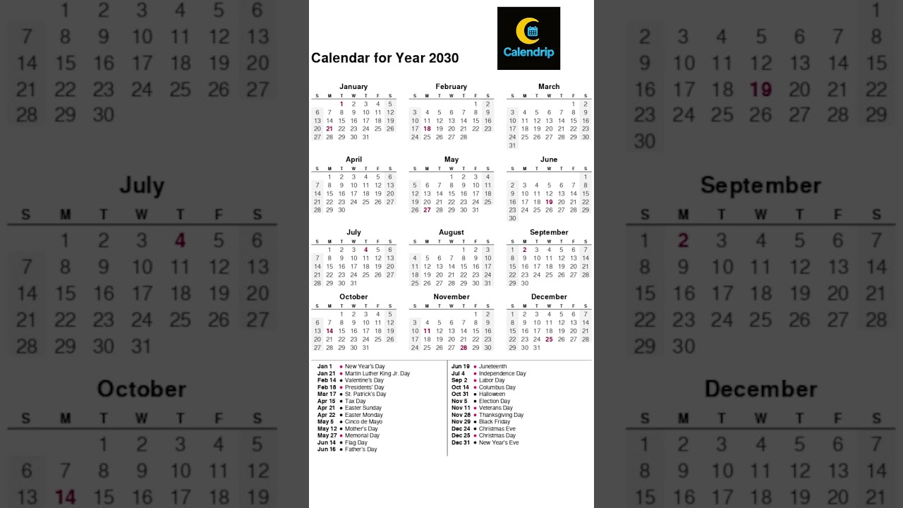 Calendar 2030 #monthsoftheyear #2030