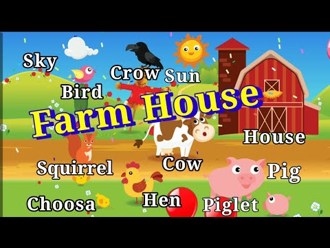Farm house meaning with spalling learning- house,bird,cow,pig,sky,crow....