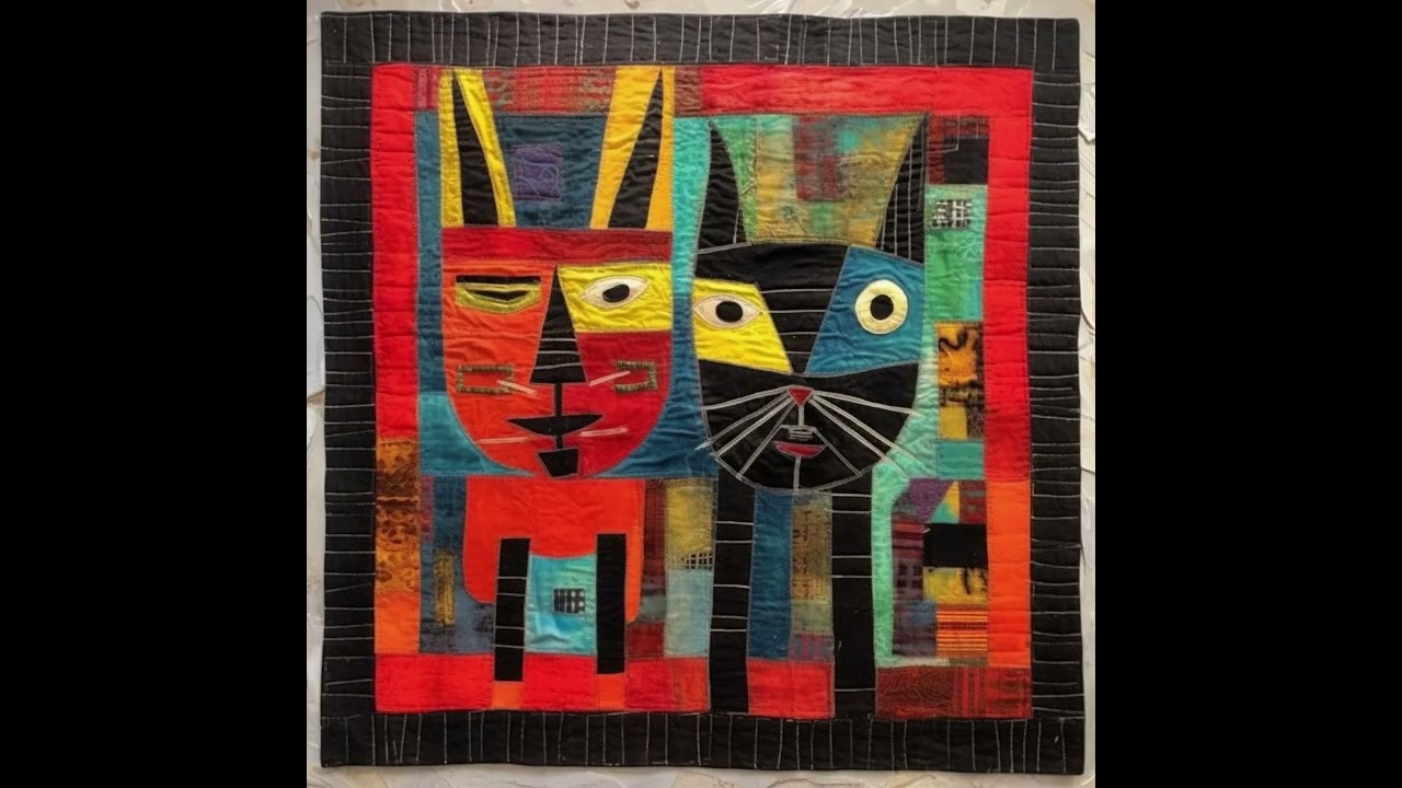 Folk Art Quilt Showing Cats - AI