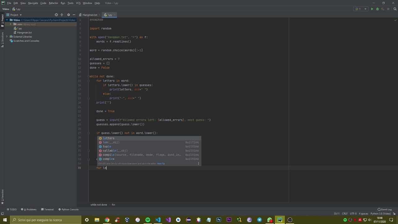 Creating A Simple Hangman Game in Python - Python PyCharm - Tutorial #51
