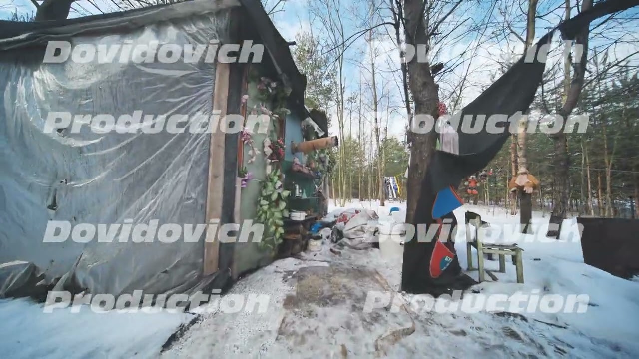 A hut of homeless people in the woods in winter.