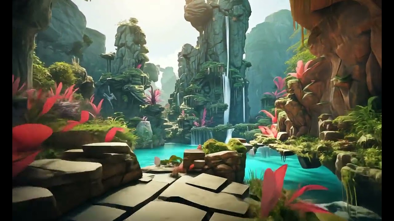 Vibrant landscape with cascading waterfalls video animation, ai generated