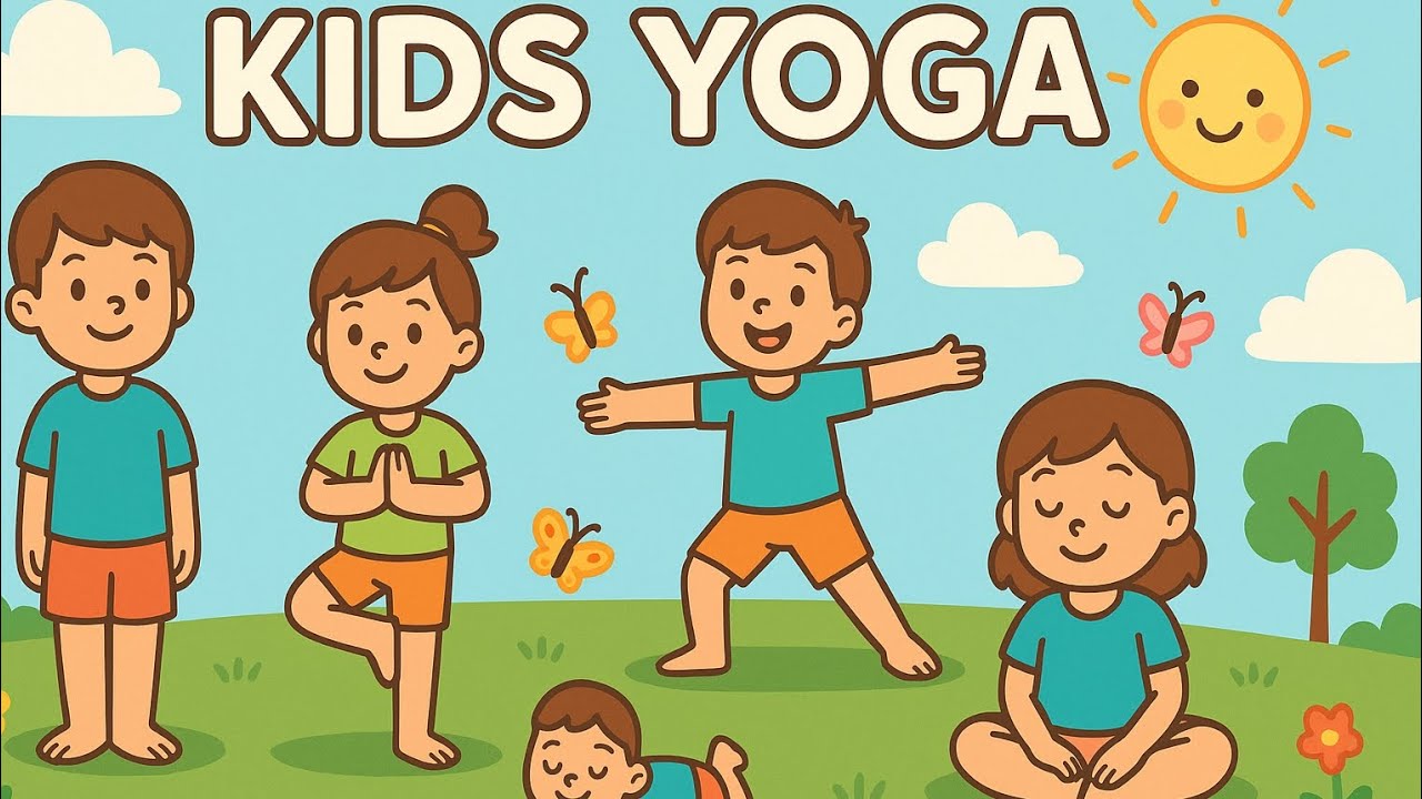 Kids Yoga Poster | Cute Cartoon Yoga Poses for Children | Printable 16:9 Wall Art