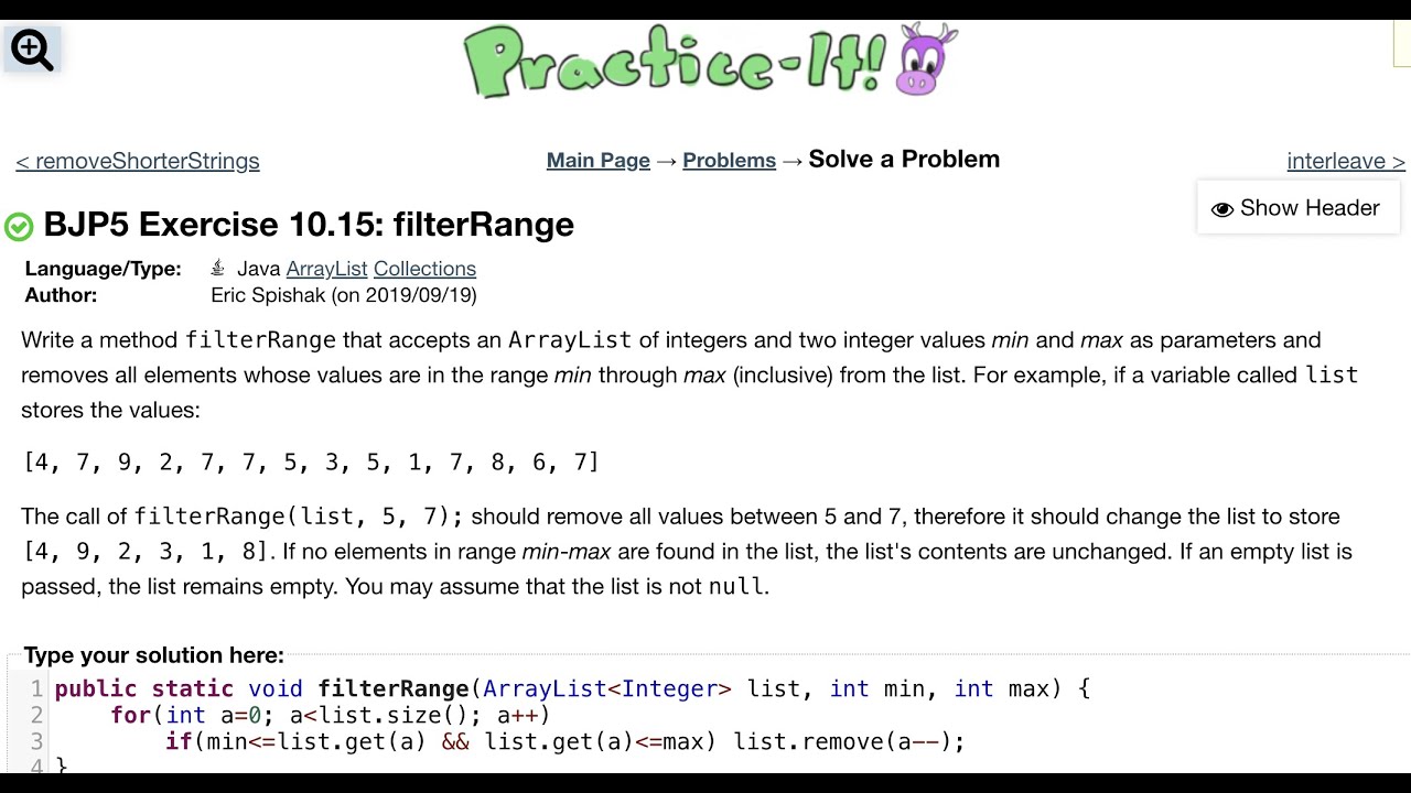 Java Practice It | Exercise 10.15: filterRange | ArrayList, collections, array list