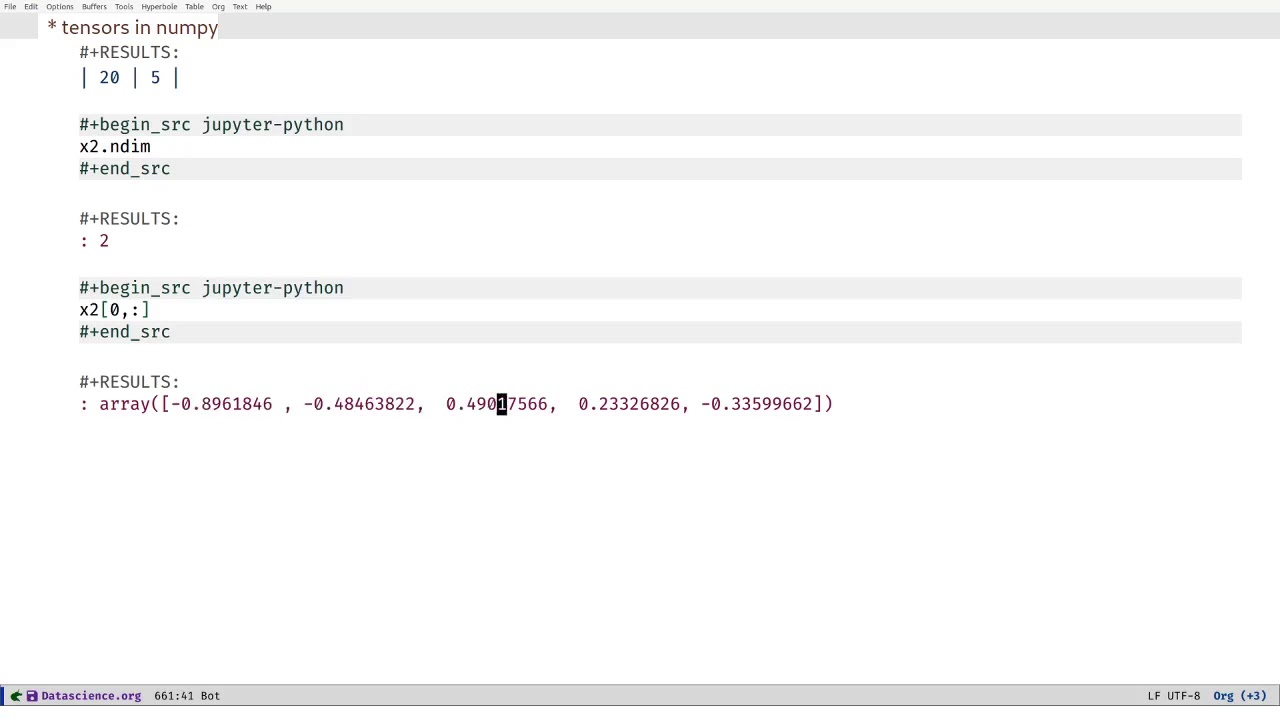 manipulating numpy tensors with emacs and python