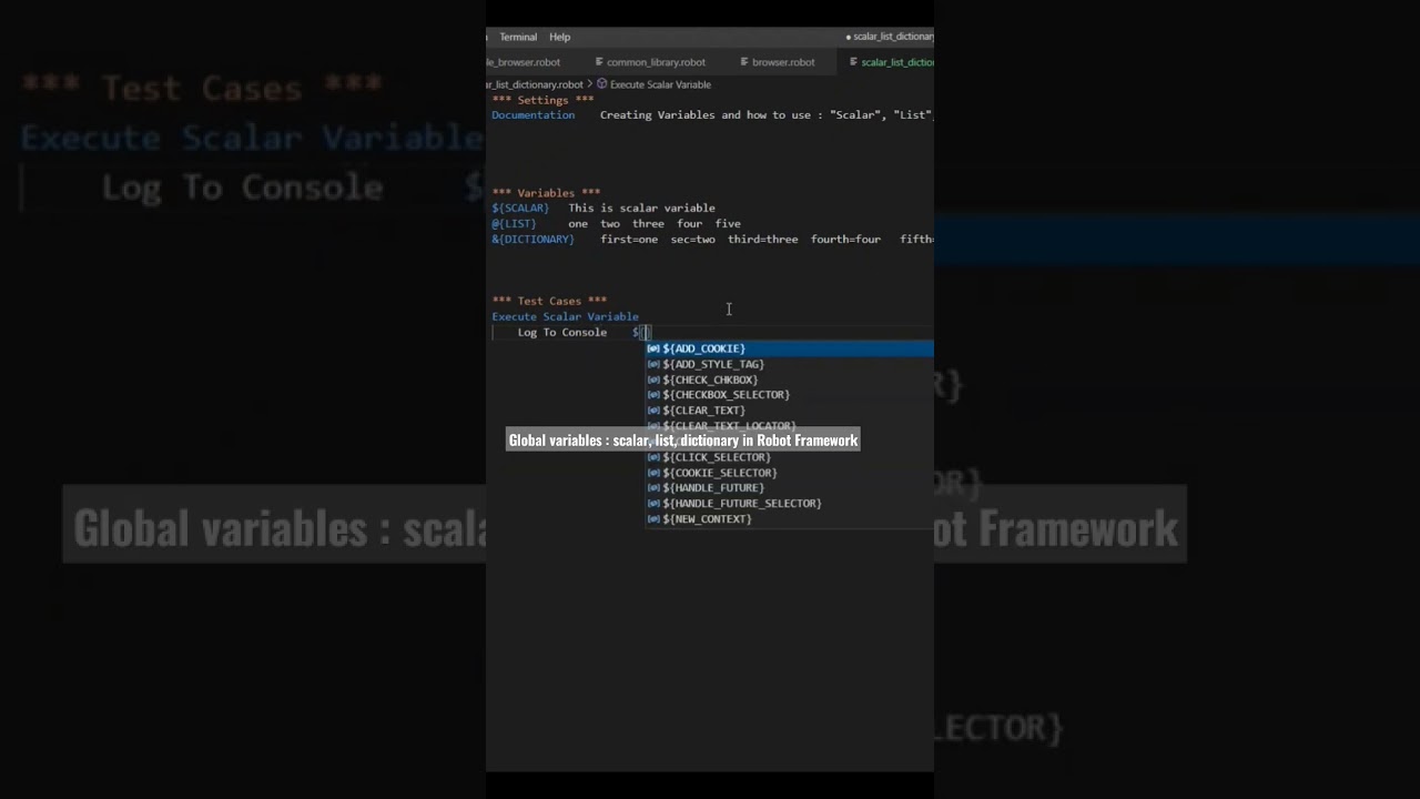 Global variables in #robotframework  :scalar, list, dictionary  #pythonautomation #variables