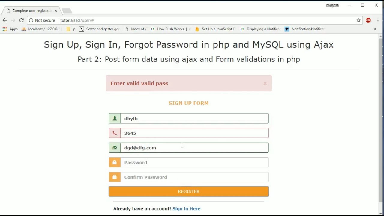 Post form data using ajax and form validation in php part2