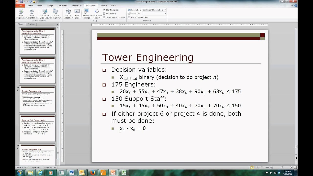 Tower Engineering Example (Binary Linear Programming)