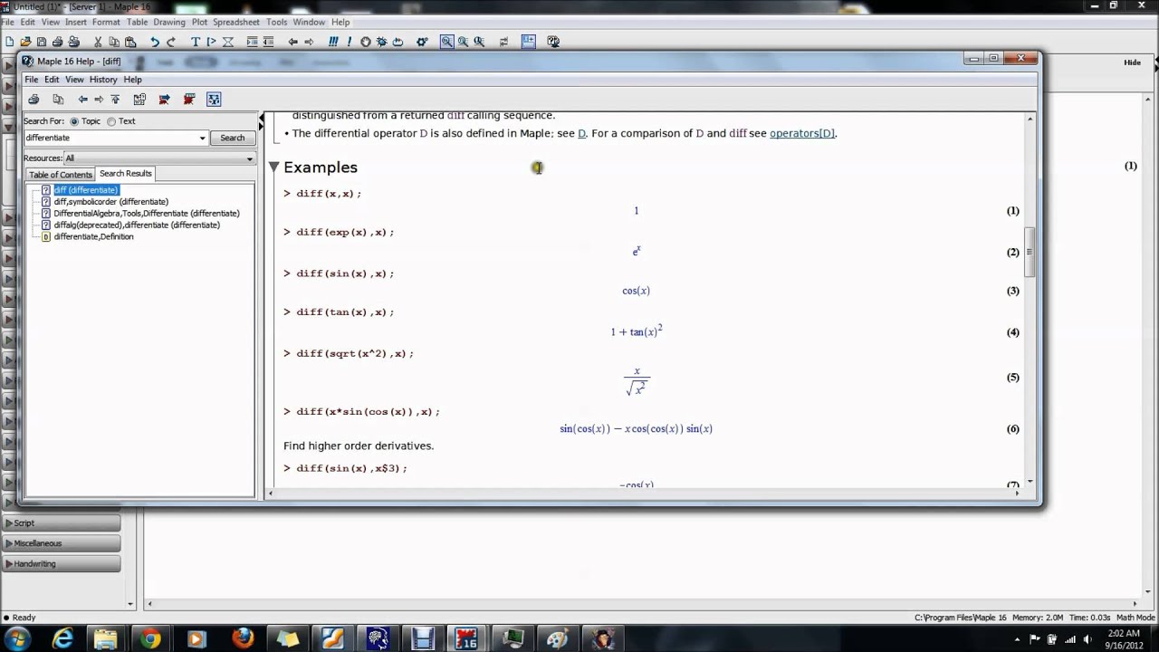 Maple 16 Tutorial: Derivative