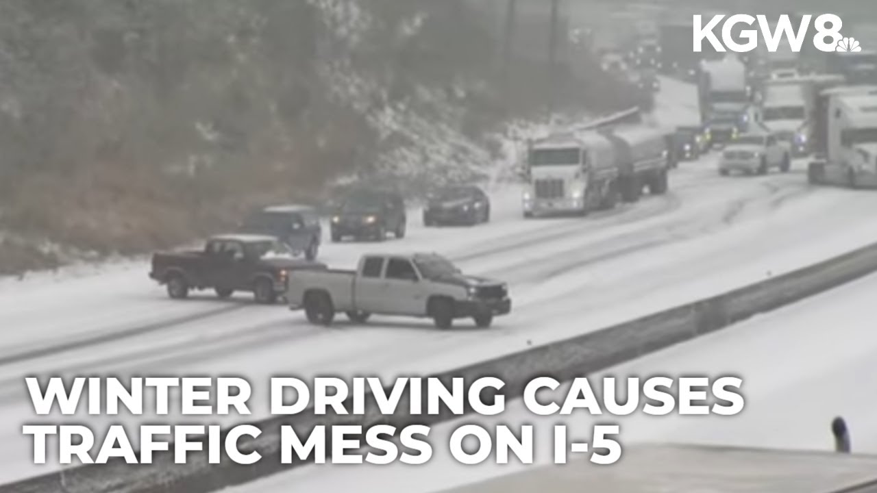 Severe traffic jam on I-5 due to slippery driving conditions in Clark County