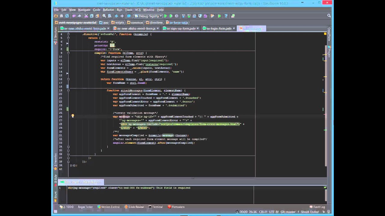 Advanced form validation with AngularJs using compile service. AngularJs tutorial.  AngularMaterial