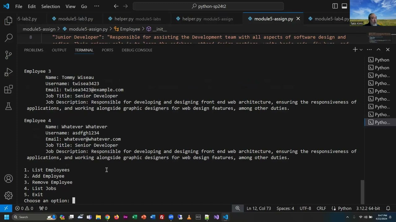 Python Programming - Module 5 Assignment - Agency Manager (SAMPLE RUN) - Spring 2024 Term 2