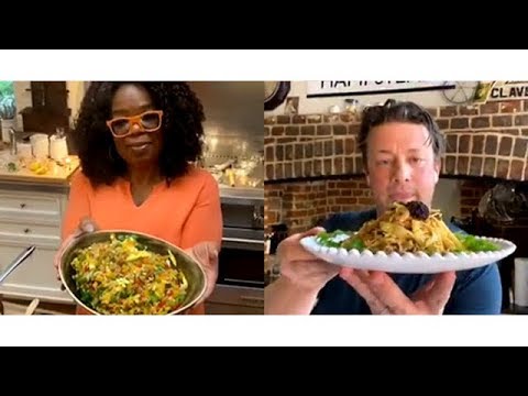 Oprah Winfrey and Jamie Oliver cooking Singapore-Style Fried Rice