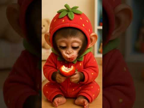Baby Monkey Eats a Strawberry and Giggles! 🍓🐒