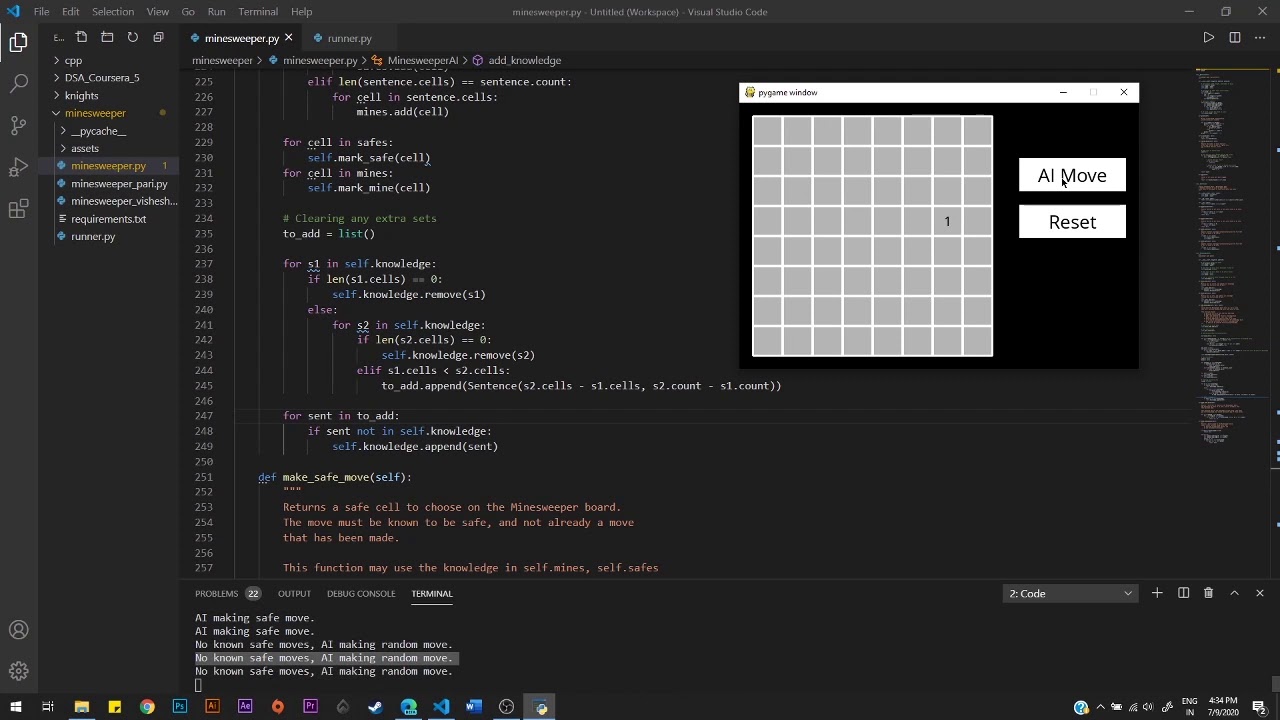CS50AI Project1b: Minesweeper | GitHub: rutwiz