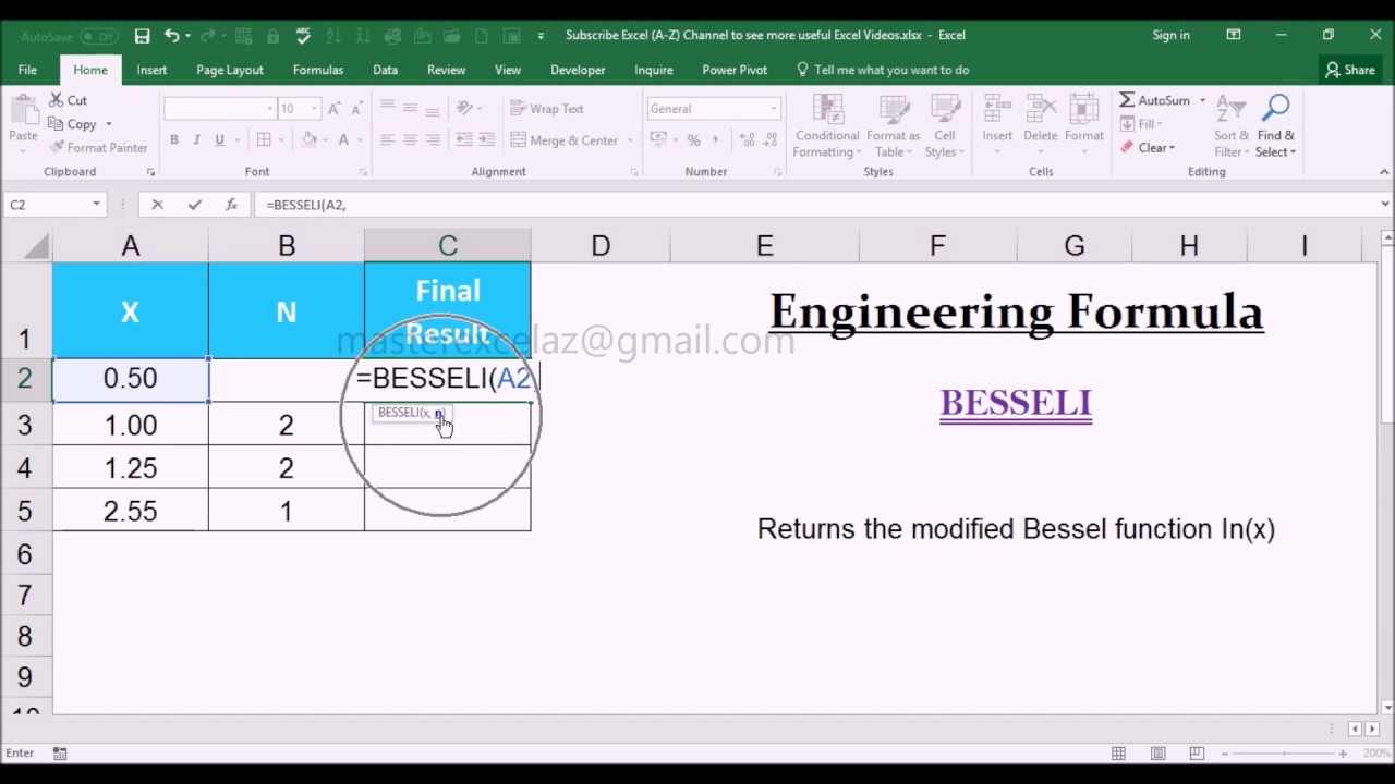 BESSELI Engineering Function with Examples in MS Office Excel Spreadsheet 2016
