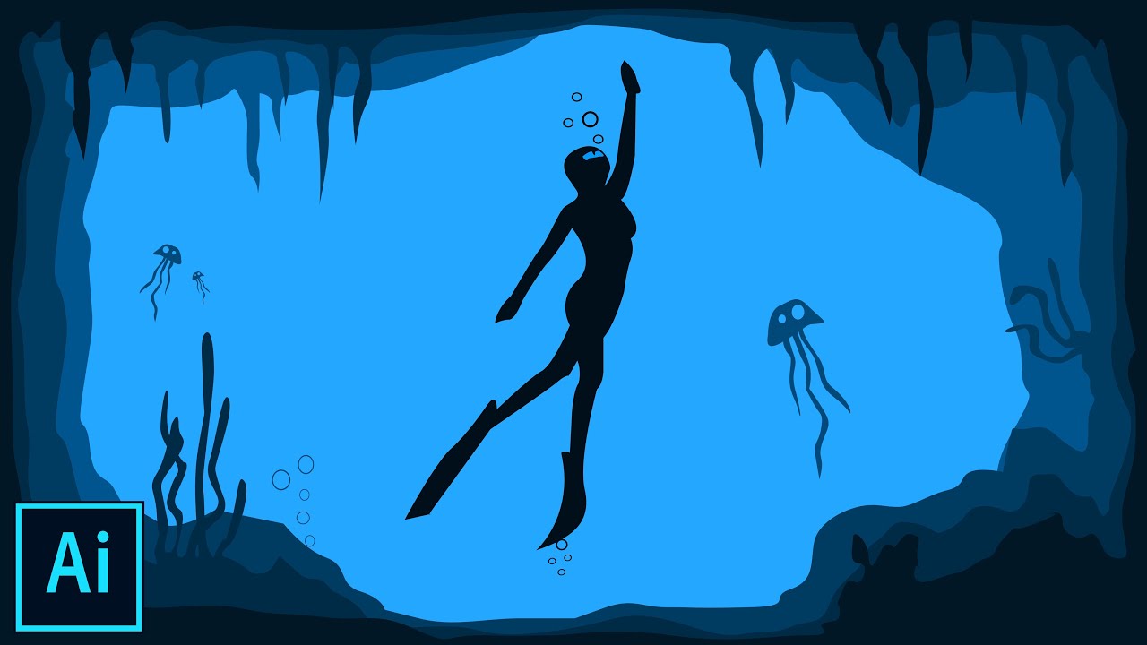 Underwater Free diving - Paper Cut Illustration in Adobe Illustrator | Timelapse |  Artideus