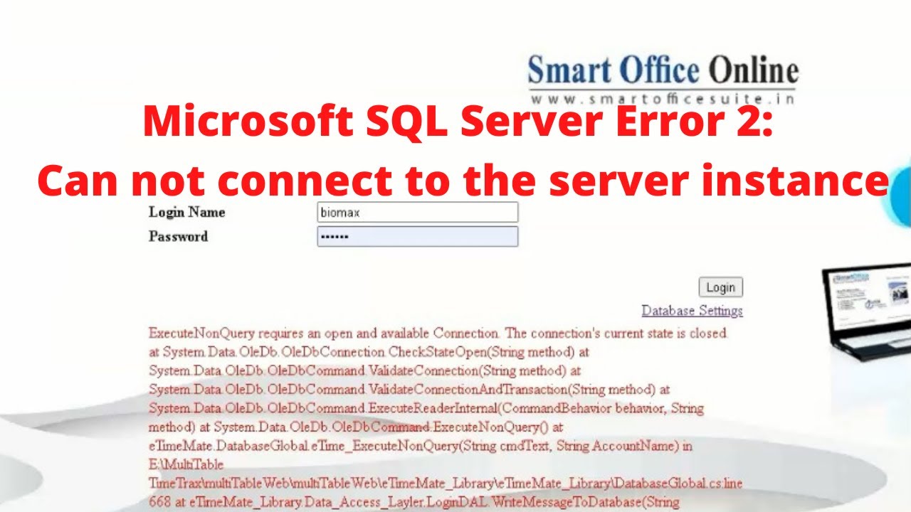 Microsoft SQL Server Error 2: Can not connect to the server instance | Smartoffice web | Biomax