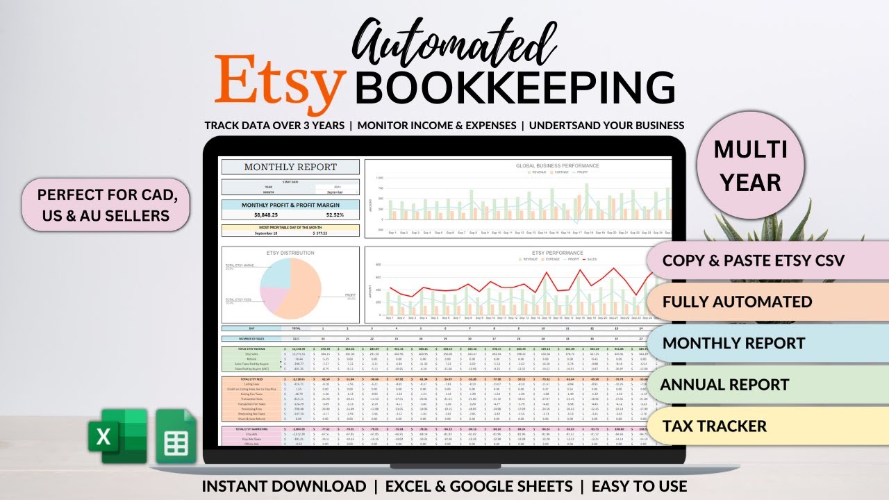 Automated Etsy Bookkeeping Tutorial - Monthly Report - Annual Report - Tax Tracker - Fully Automated