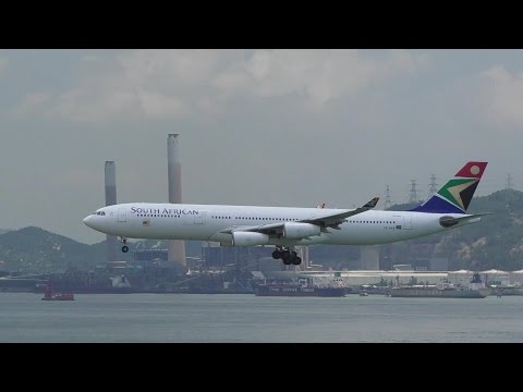 South African Airways Airbus A340 Landing in Hong Kong Airport. Flight SA286. ZS-SXE