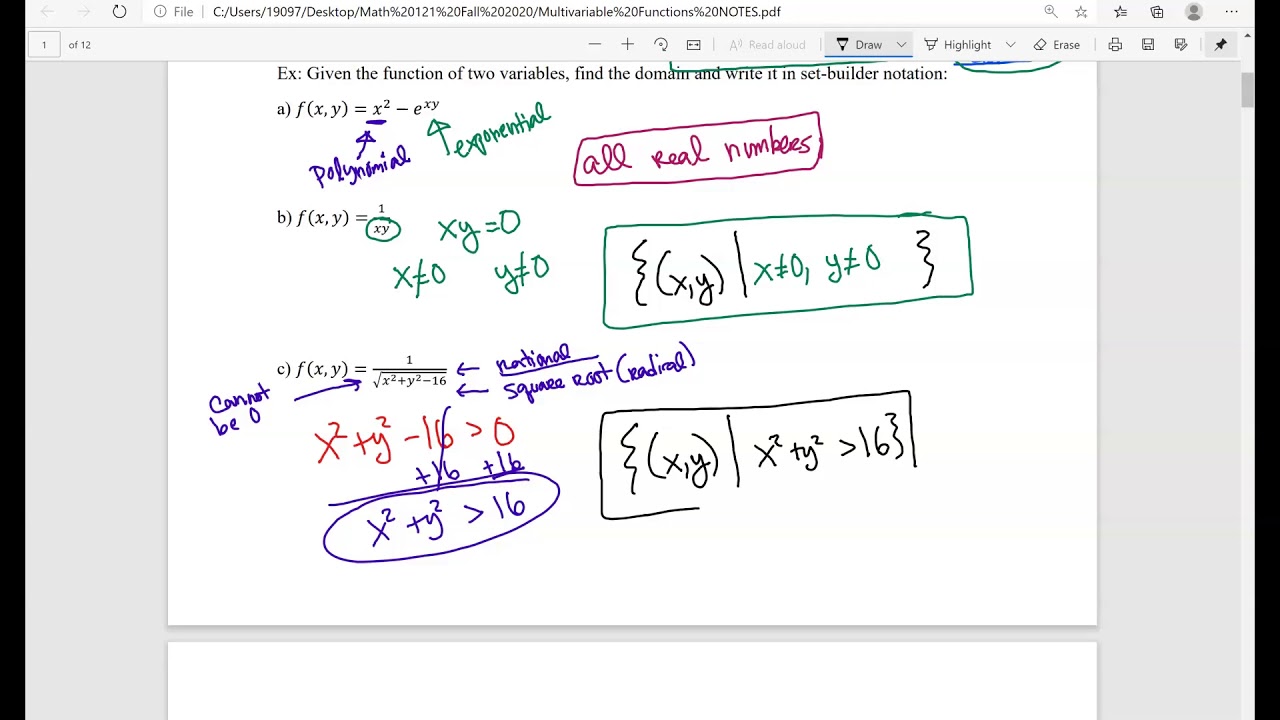Math 121: Domain of Multivariable Functions