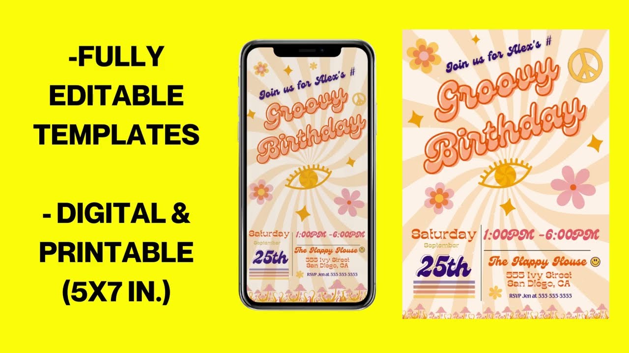 Groovy Birthday Invitations,  Retro Themed Invitation, Flower Power Invitation, 60s Themed, 70s
