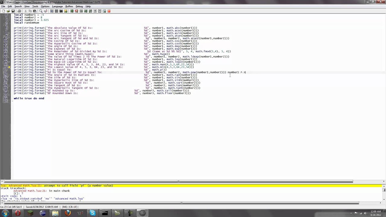 Lua Beginner Tutorials Lesson 8 - Advanced Math