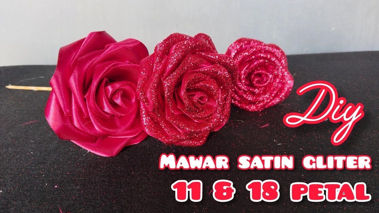 Diy roses from satin ribbon with gliter / cara membuat bunga pita satin untuk round bouquet